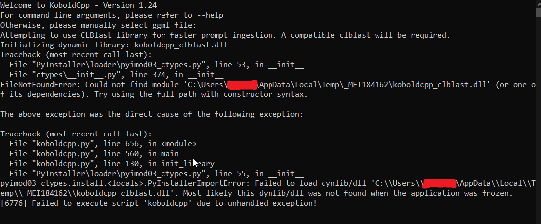 [Unhandled exception] PyInstallerImportError: Failed to load dynlib/dll '[...]\\koboldcpp ...