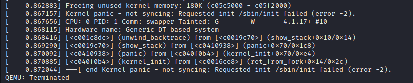 Emulation failing with Kernel panic - not syncing: No working init found. Try passing init ...