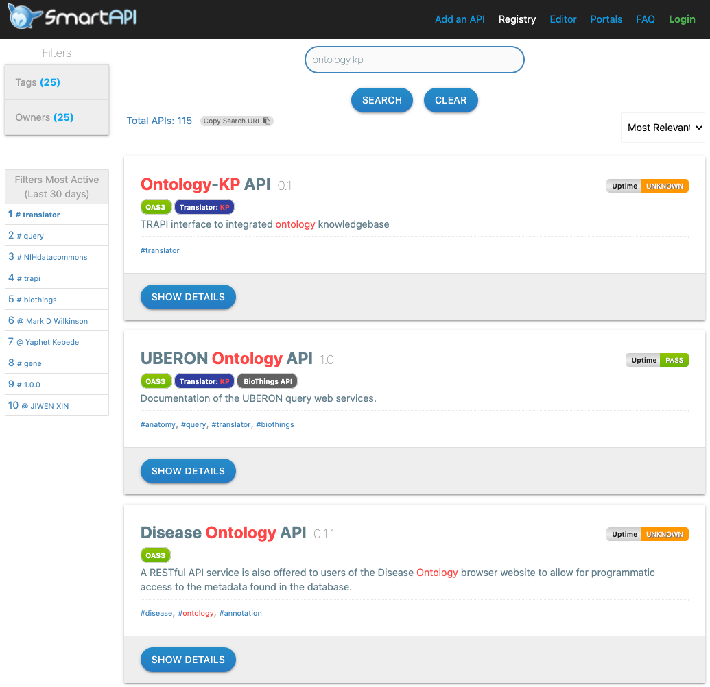 Clicking on "Show Details" for the Ontology-KP API registry item causes the item to disappear ...