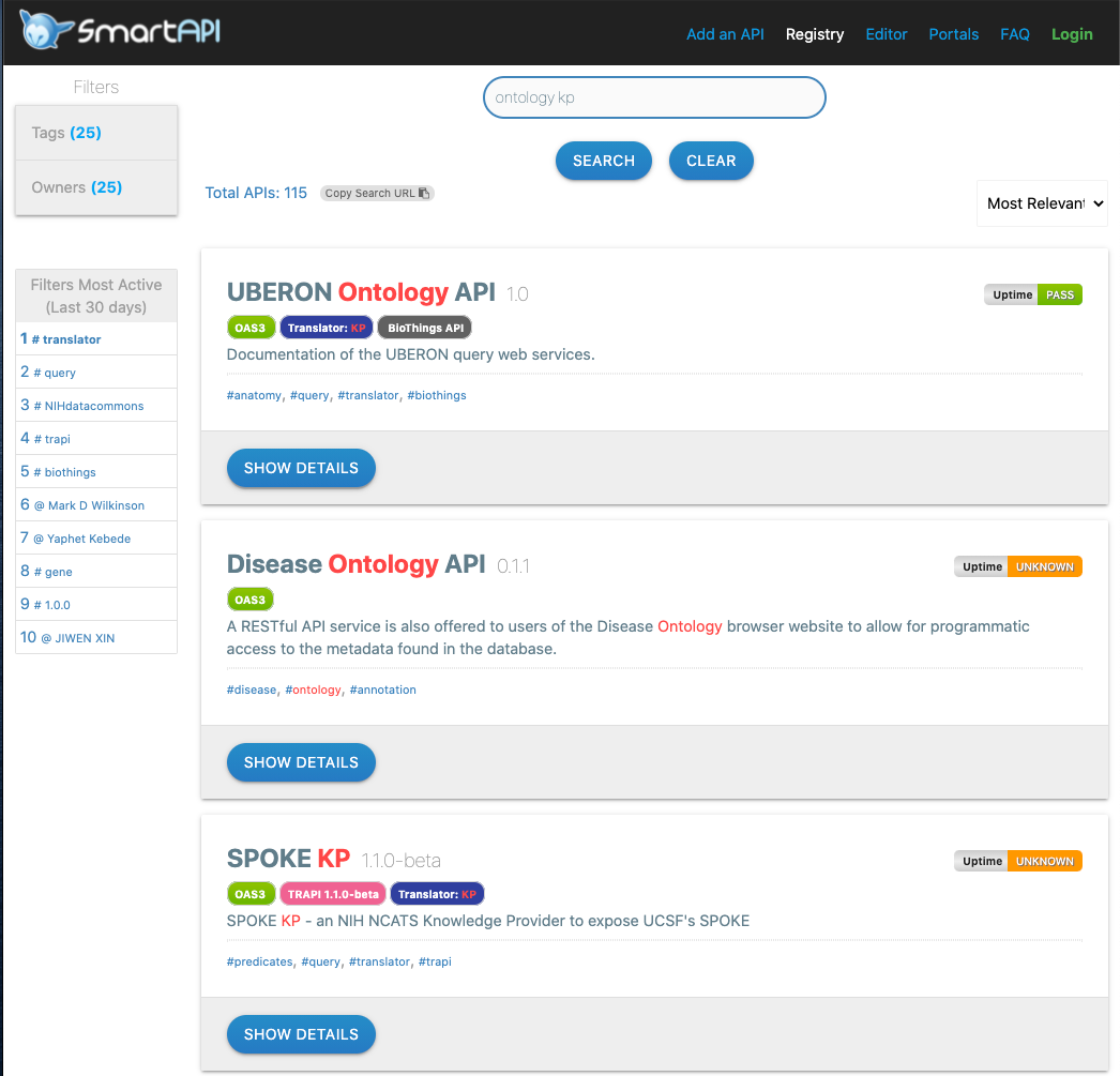 Clicking on "Show Details" for the Ontology-KP API registry item causes the item to disappear ...