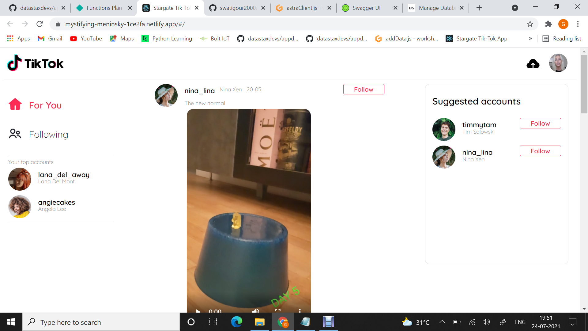 [tik tok clone app] swati gour · Issue #246 · datastaxdevs/workshop-social-media-tiktok · GitHub