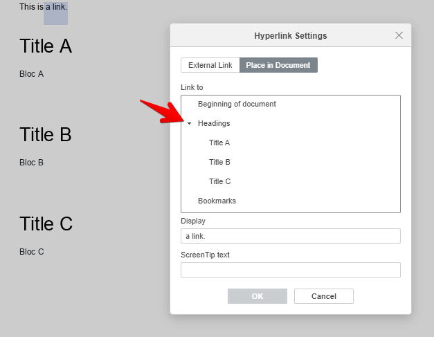 Impossible to creation an "internal" hyperlink (Place in Document ...