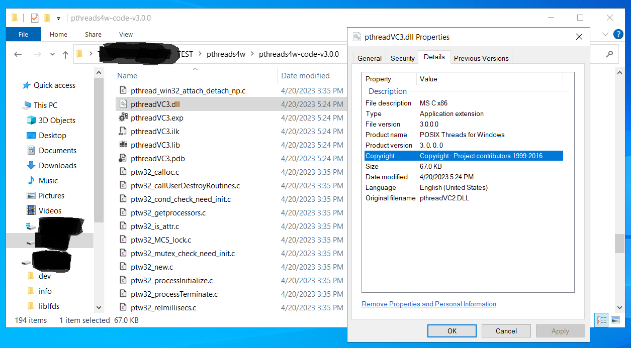 pthreads - value ...x64 instead of ...x86 for File description property in tab Details of ...