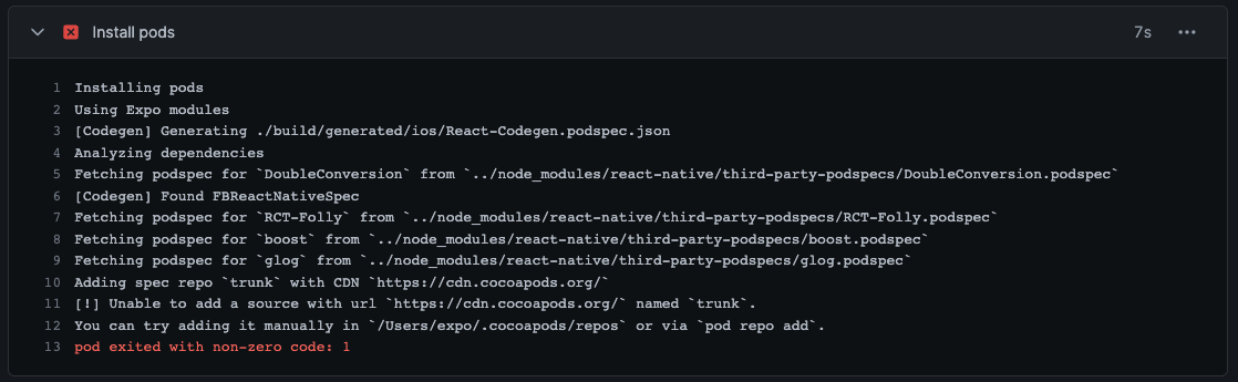 iOS builds always fail. With error Unable to add a source with url `https://cdn.cocoapods.org ...