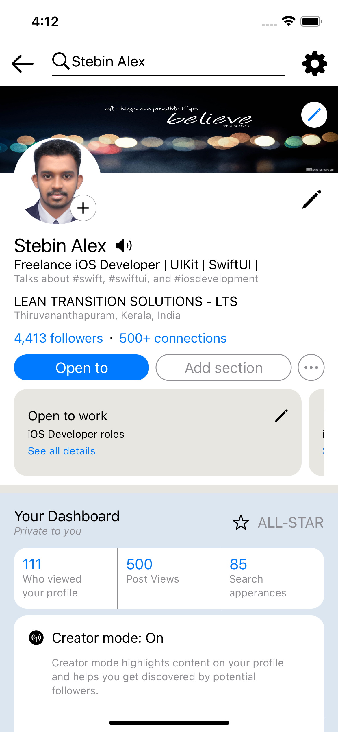 UI Of Android LinkedIn App Profile Page In IOS SwiftUI