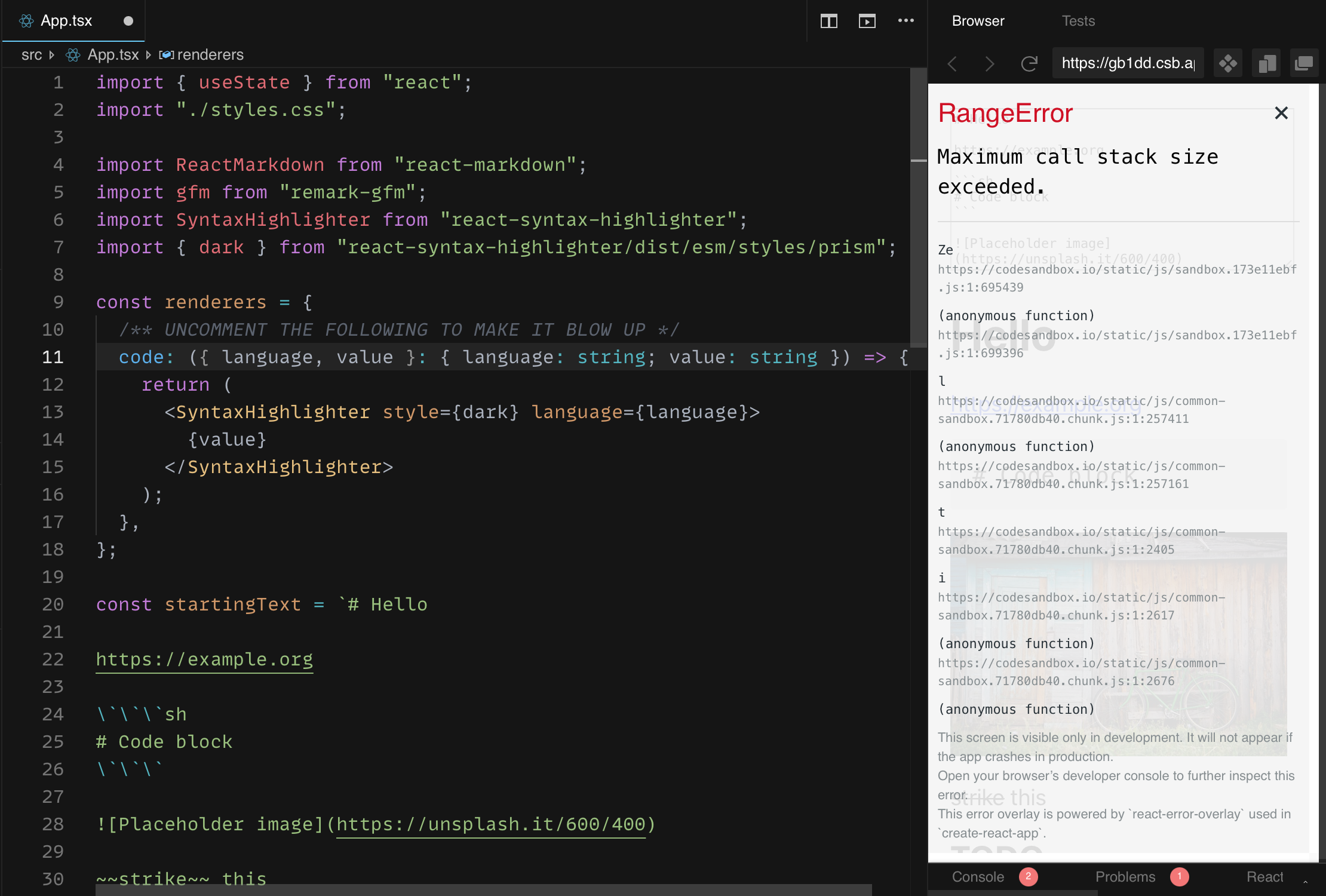 Basic usage causes "Maximum call stack size exceeded" error · Issue #357 · react-syntax ...