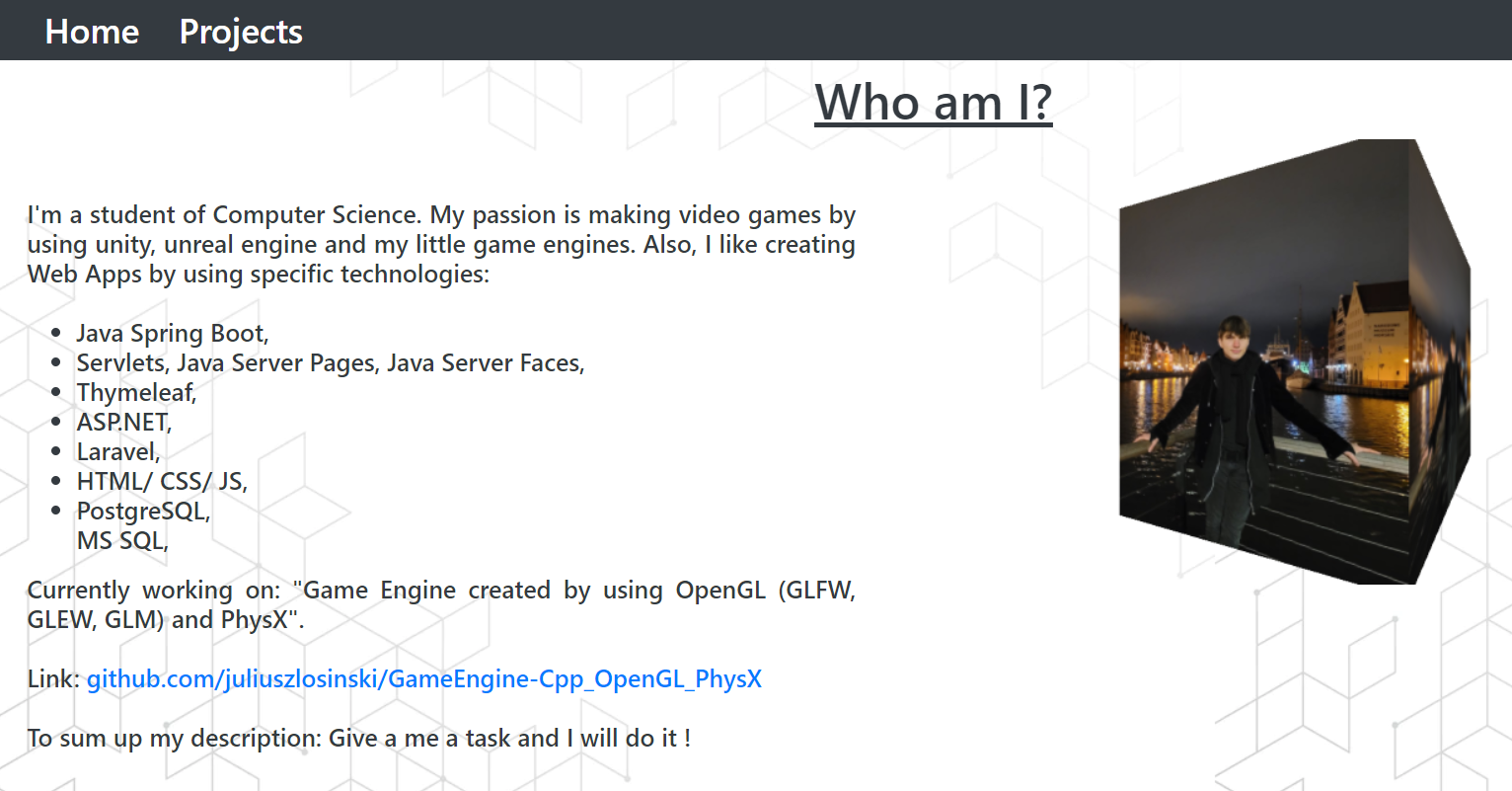 GitHub - juliuszlosinski/portfolio: My website/ portfolio created by using React/ Three.JS.