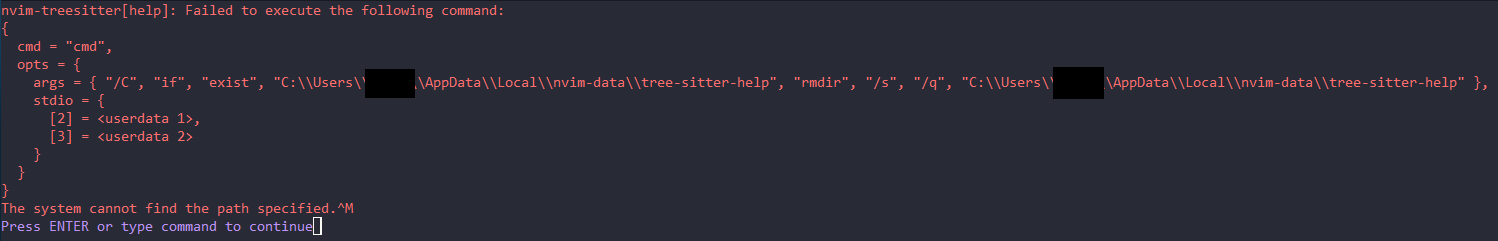 Windows Tsinstall The System Cannot Find The Path Specified · Issue 4574 · Nvim Treesitternvim
