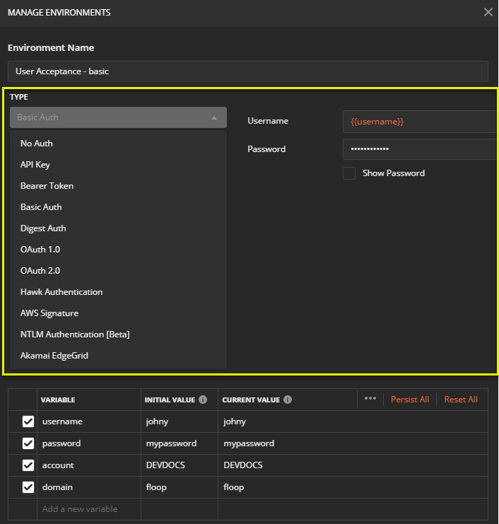 Feature Request: Authentication type in environment · Issue #9169 · postmanlabs/postman-app ...