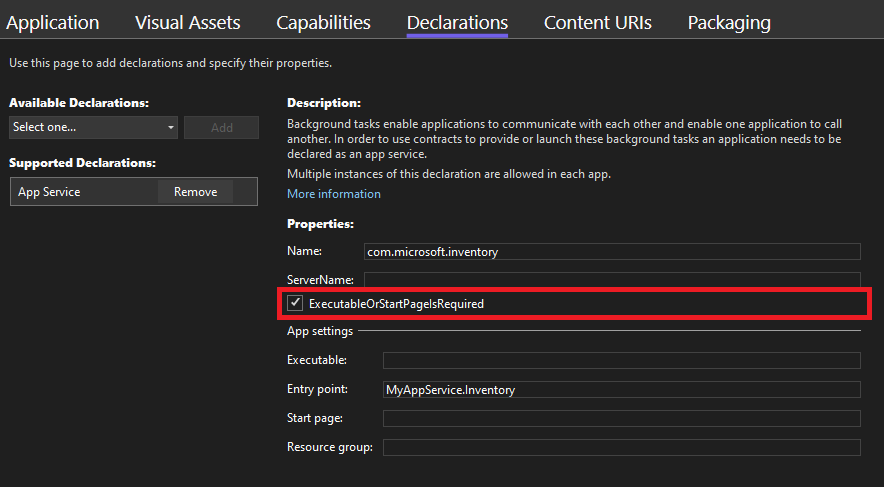 "Create and consume an app service" out of date? Undocumented "ExecutableOrStartPageIsRequired ...