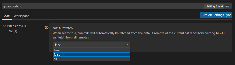 Settings Editor Ui For Two Settings Of The Built In Extension `git` The Default Value Is Not
