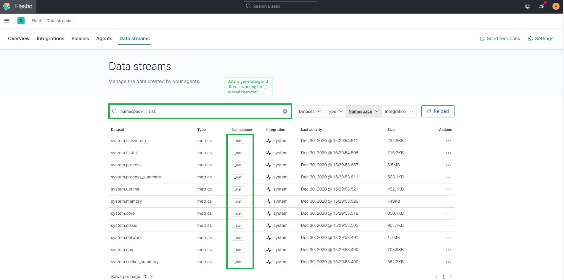 [Fleet] Namespace filter under Data Streams tab doesn't filter data for namespace having ...