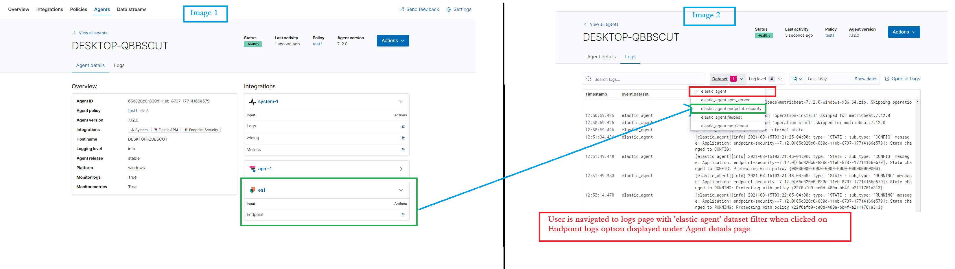 User is not navigated to Agent Logs page with 'Elastic-agent.endpoint_security' dataset filter ...