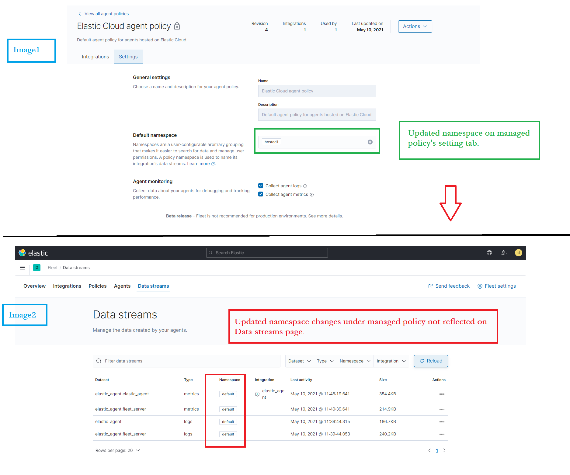 Updated namespace changes under managed policy not reflected on Data streams page. · Issue ...