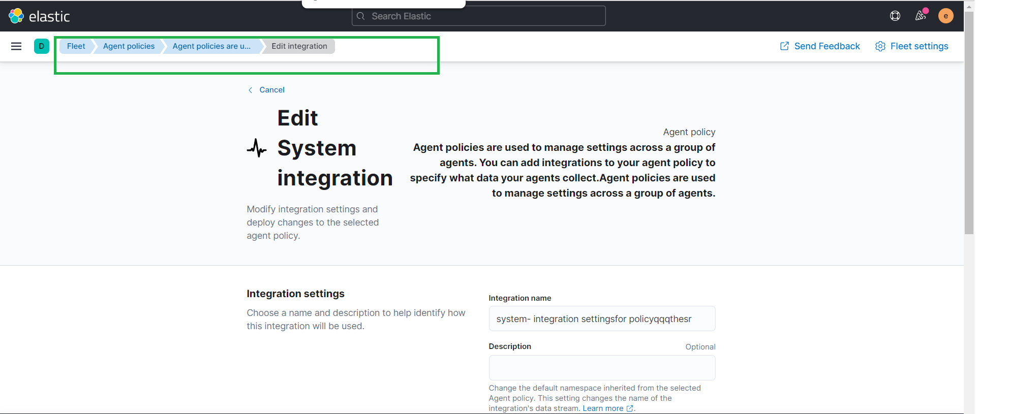 [Fleet] Kibana Bread crumb is displayed on the integration tab while editing integration ...