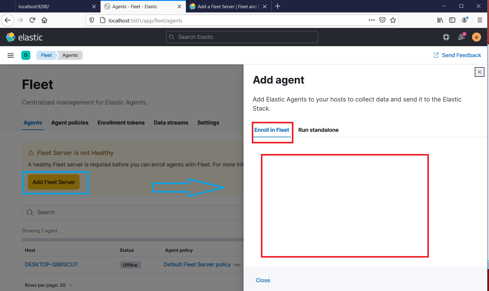 [Fleet] 'enroll in fleet' section displays blank when user clicks on 'Add fleet server' button ...