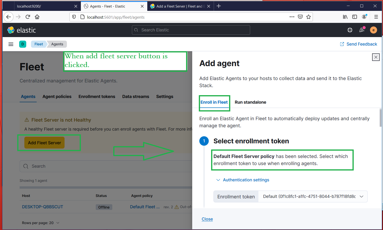 Enroll fleet server instructions not displayed on clicking 'Add agent' button when warning ...