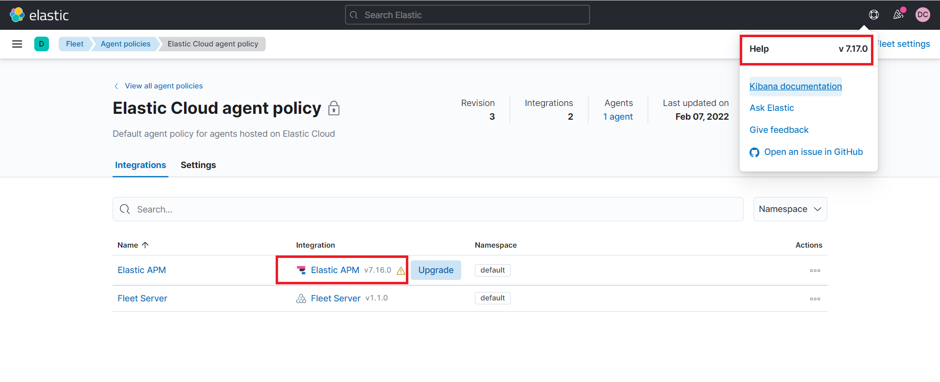 APM version 7.16.0 is installed by default instead of 7.17.0 when added to Fleet at 7.17 Kibana ...