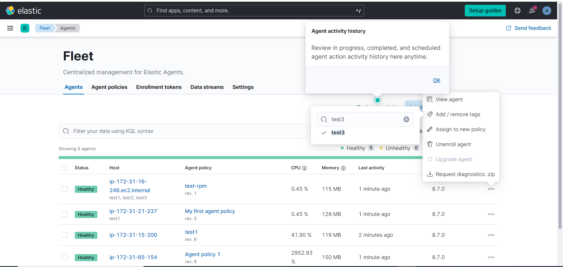 [Fleet]: '1 agent updated tags' is not shown on 'Agent activity' flyout for Updating Tags for ...
