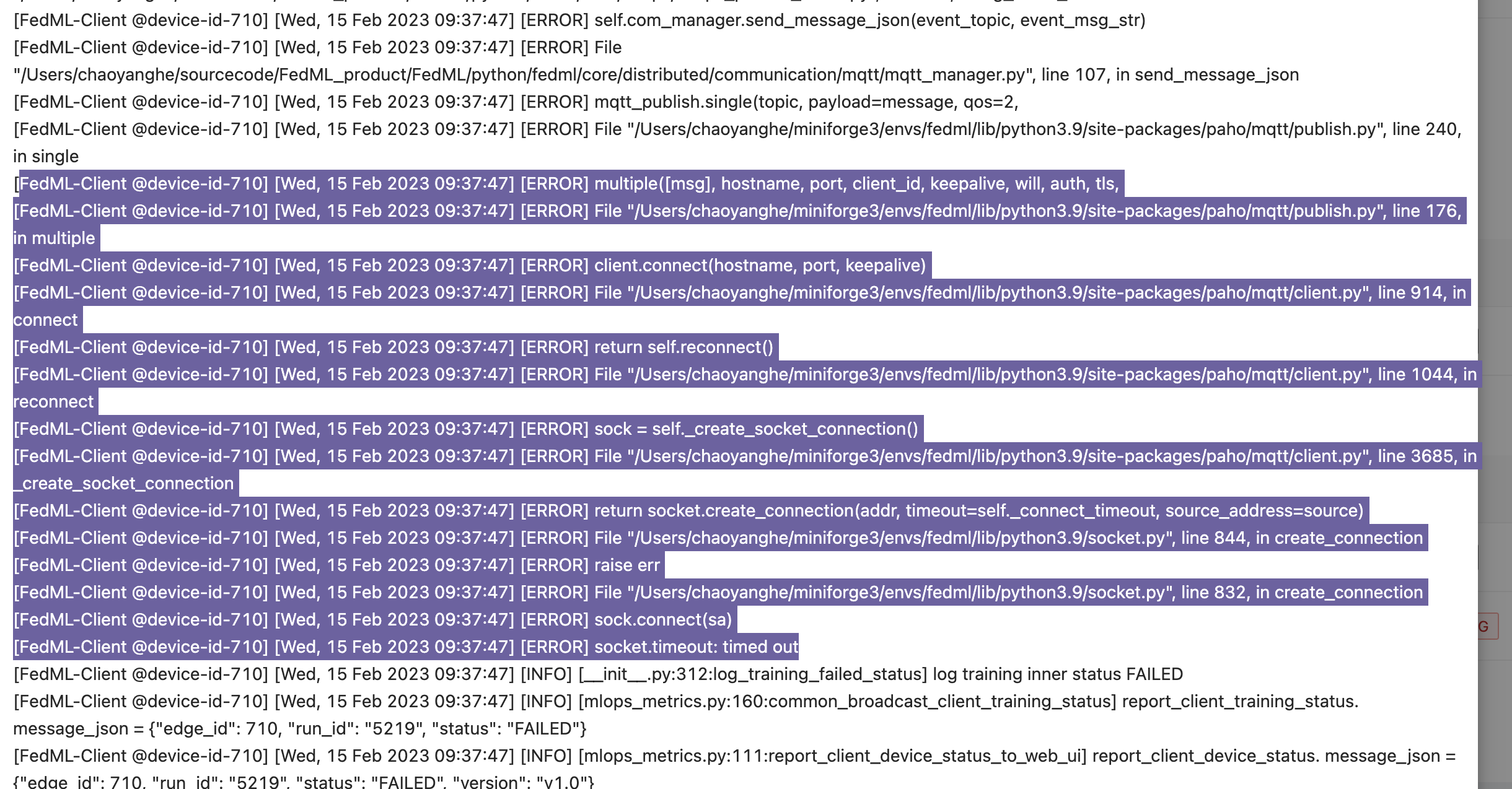 Exception Communication Mqtt Connection Timeout Error · Issue 777 · Fedml Aifedml · Github 