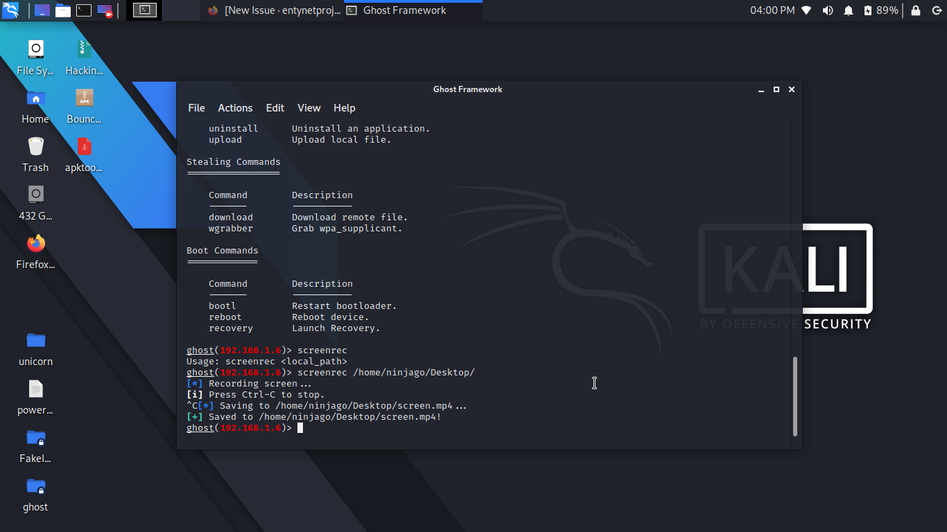 [screenrec] Video Saver broken [must be fixed] · Issue #190 · EntySec/Ghost · GitHub