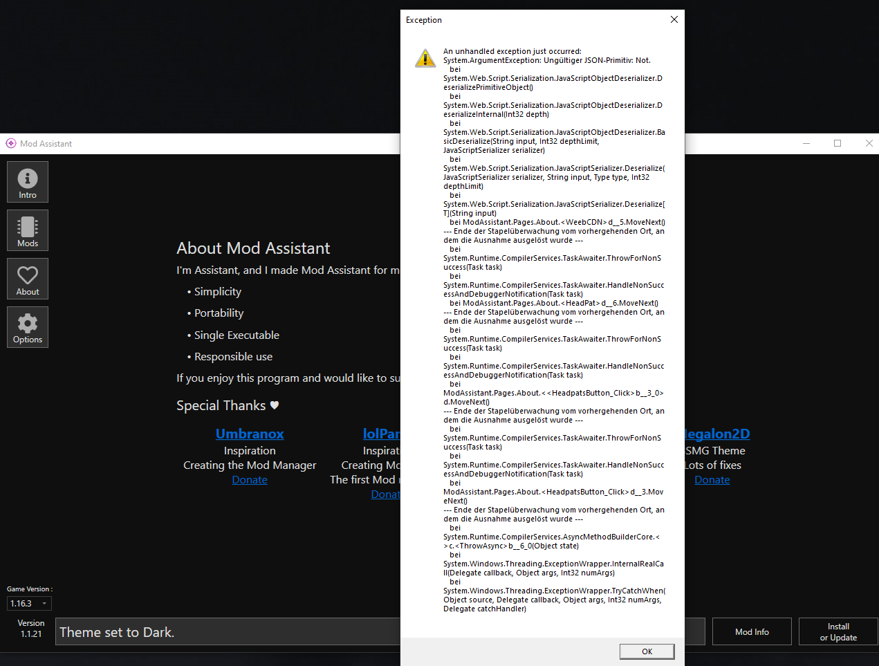 Error in About Tab when clicking on "Headpats" or "Hugs" · Issue #368 · bsmg/ModAssistant · GitHub