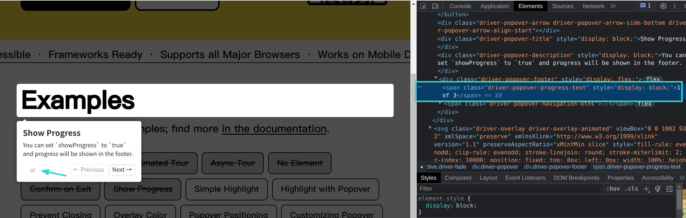 The progress number doesn't seem to be visible · Issue #373 · kamranahmedse/driver.js · GitHub
