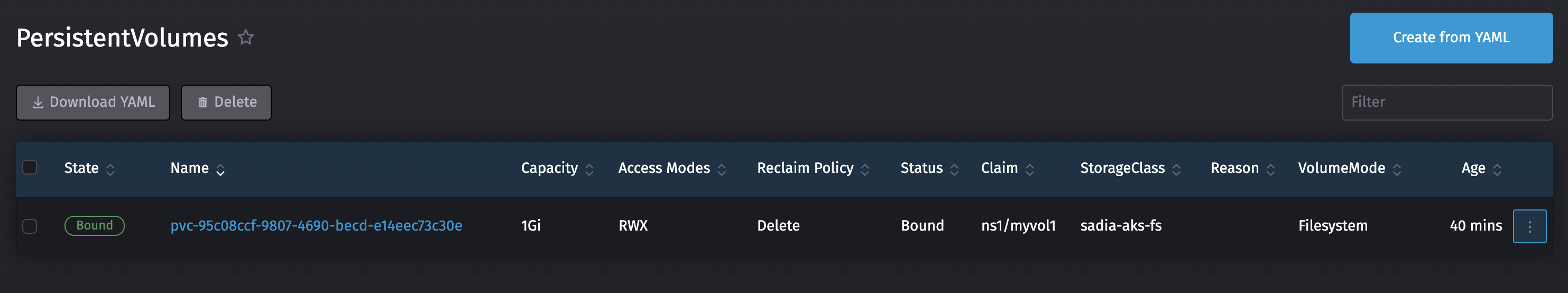 Explorer view doesn't list the existing pv with access mode ...