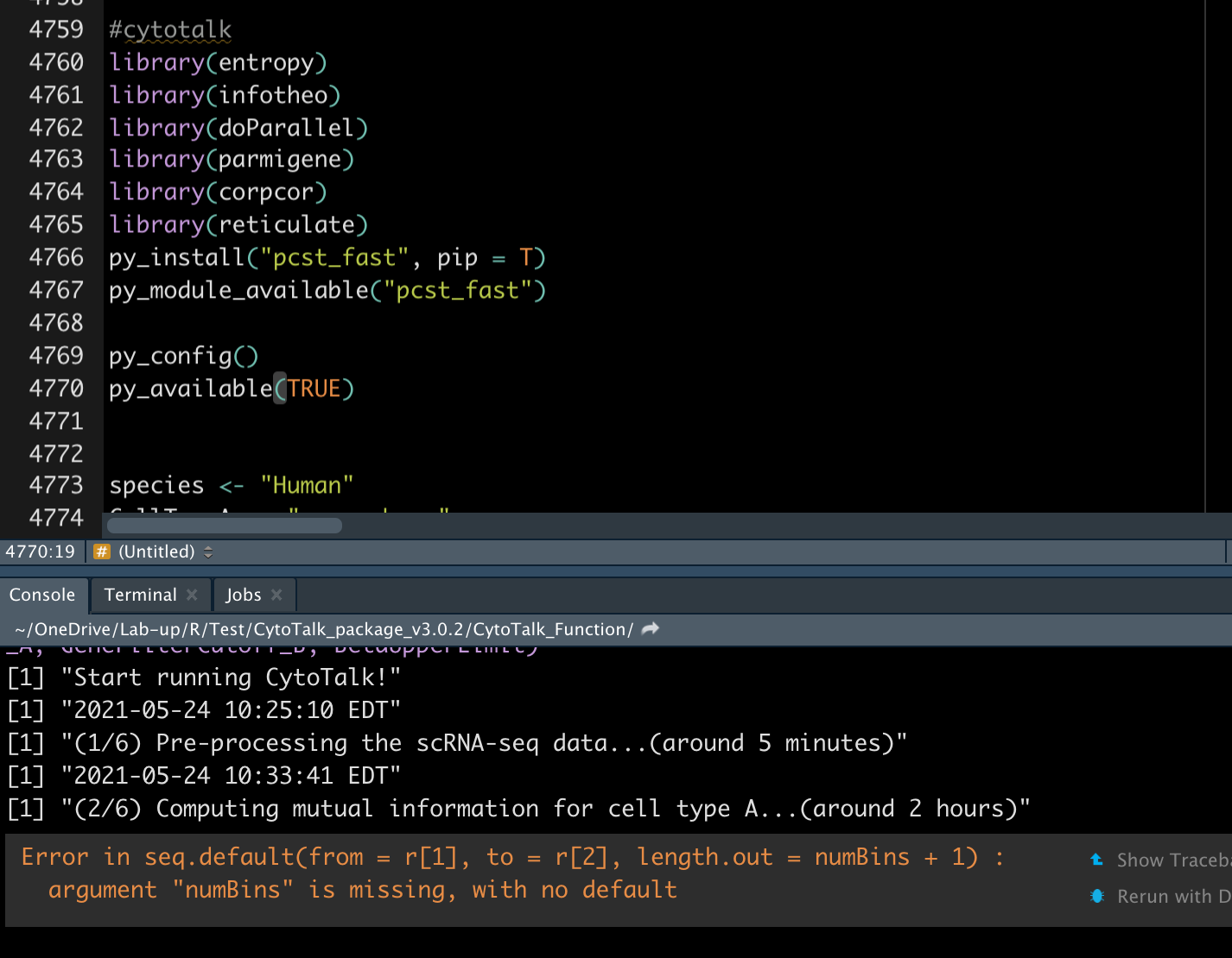Error with running bash InferIntracellularNetwork_part1.sh · Issue #1 · huBioinfo/CytoTalk · GitHub