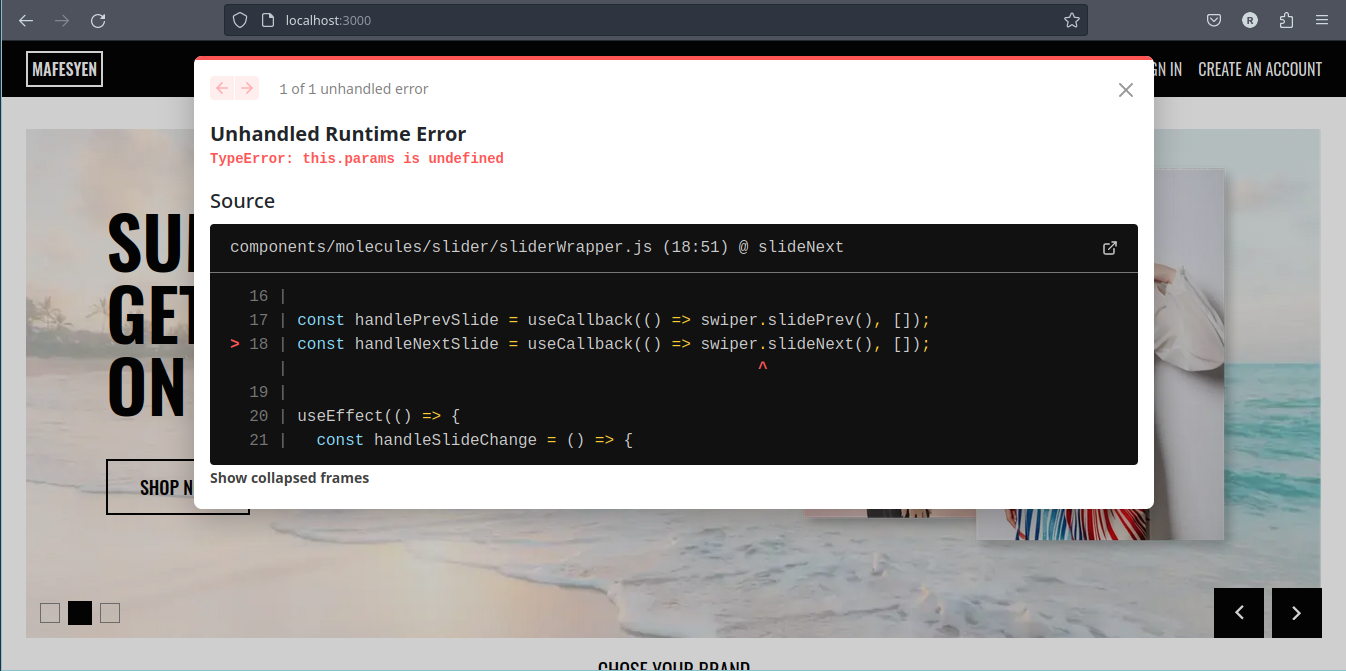 I am encountering an error when pressing the custom navigation button using useSwiper in Next.js ...