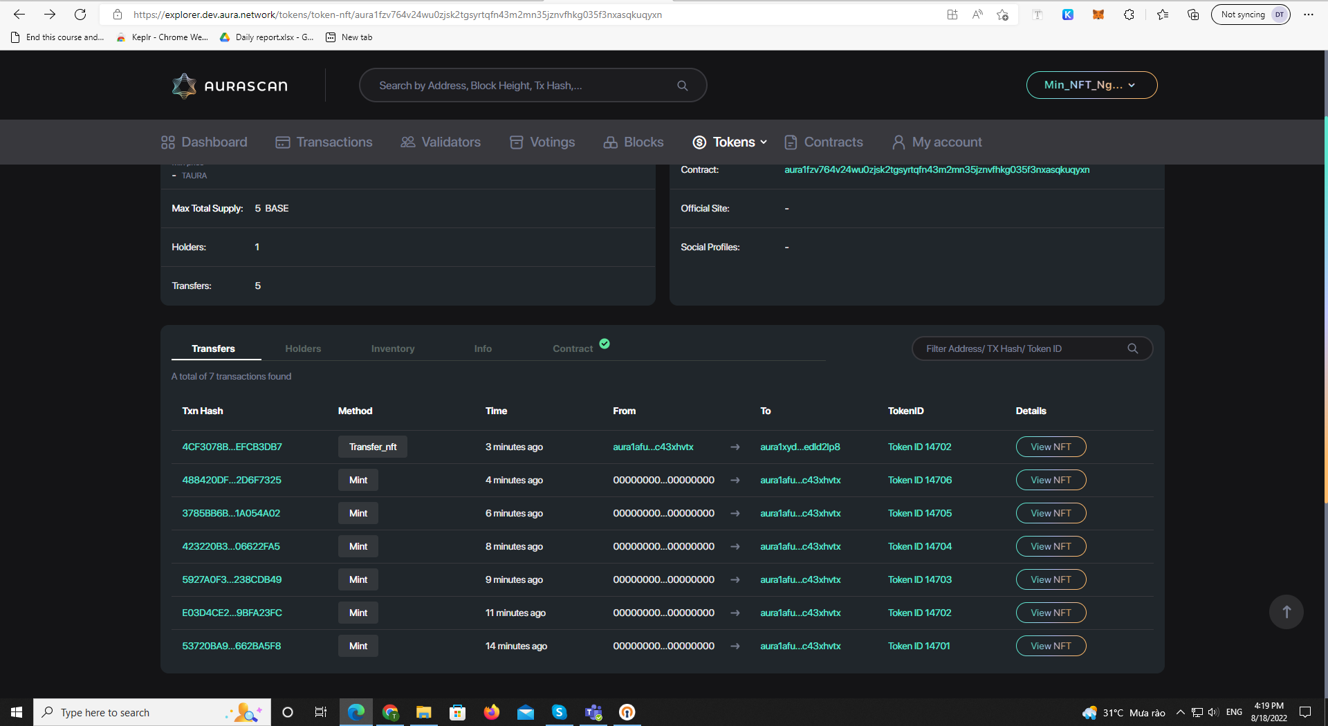[Aurascan][Tokens][CW721] Token Detail, Tab Inventory hiển thị thứ tự danh sách NFT chưa đúng ...