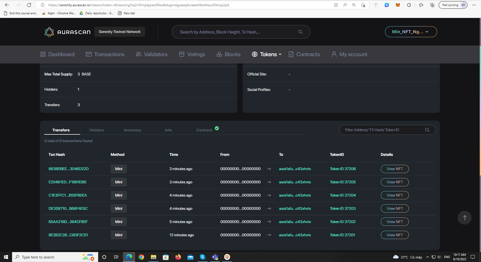 [Aurascan][Tokens][CW721] Token Detail, Tab Inventory hiển thị thứ tự ...