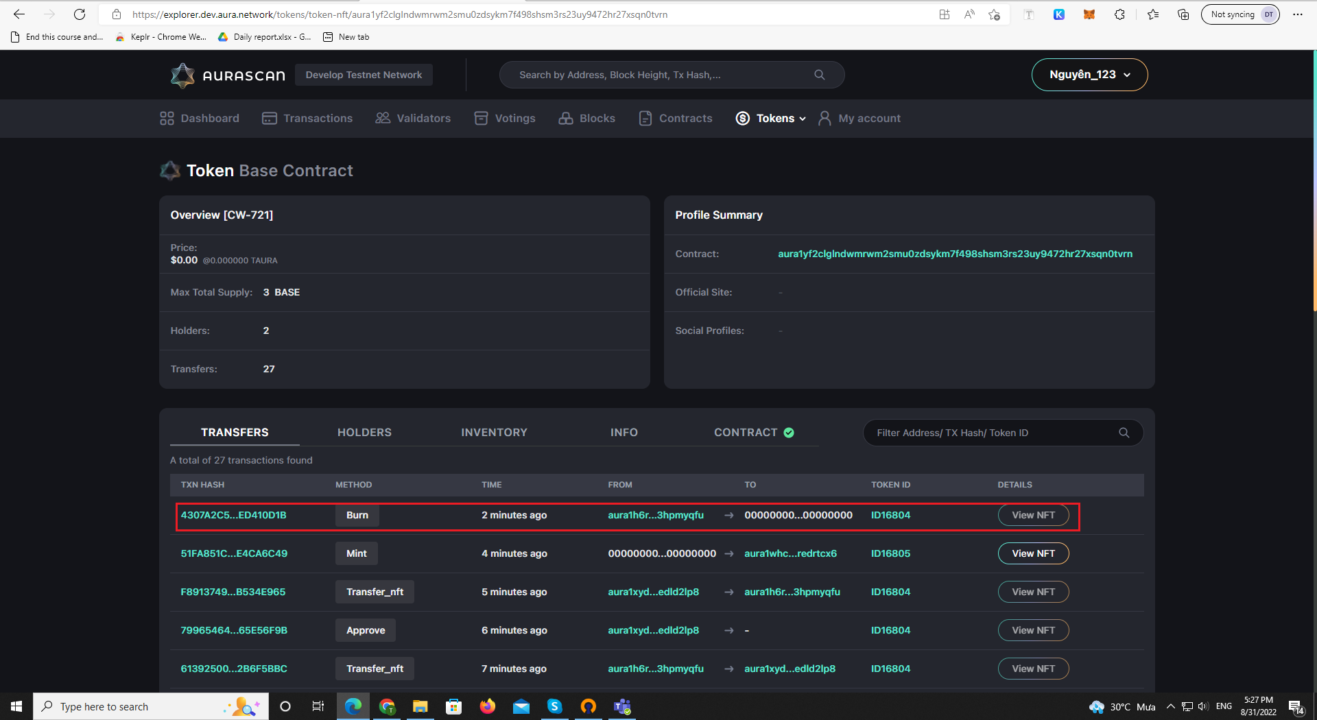[Aurascan][Tokens][CW721] Tab Inventory hiển thị Token ID đã burn · Issue #944 · aura-nw ...