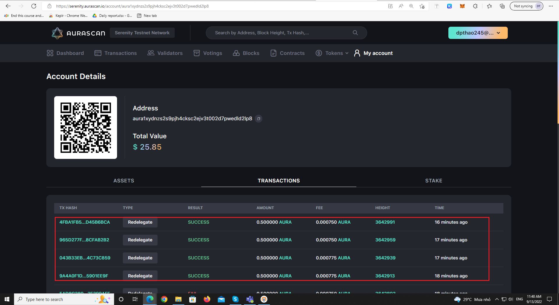 [Aurascan][Account Details] Redelegate tab, not display transactions when redelegate Jailed ...