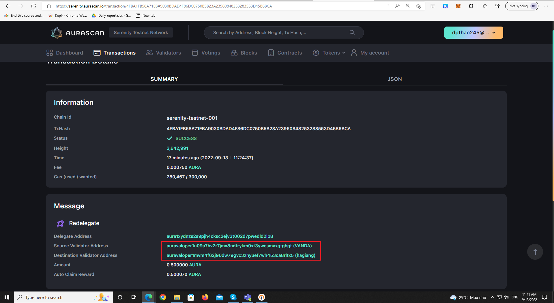 [Aurascan][Account Details] Redelegate tab, not display transactions when redelegate Jailed ...