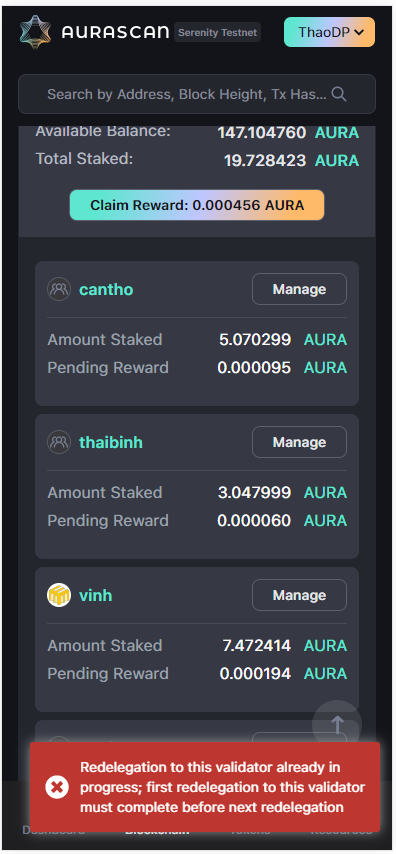 [Aurascan][Coin98][Mobile] Không hiển thị message lỗi khi thực hiện Redelegate · Issue #1208 ...