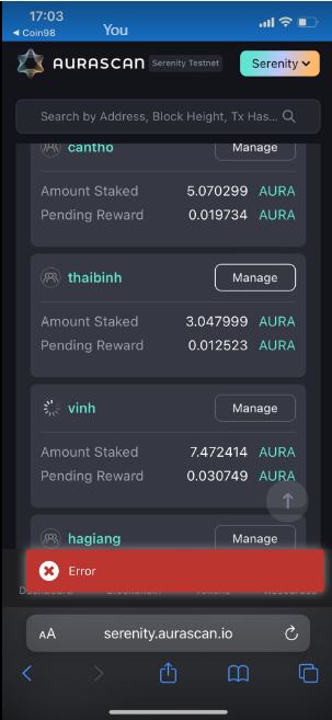 [Aurascan][Coin98][Mobile] Không hiển thị message lỗi khi thực hiện Redelegate · Issue #1208 ...