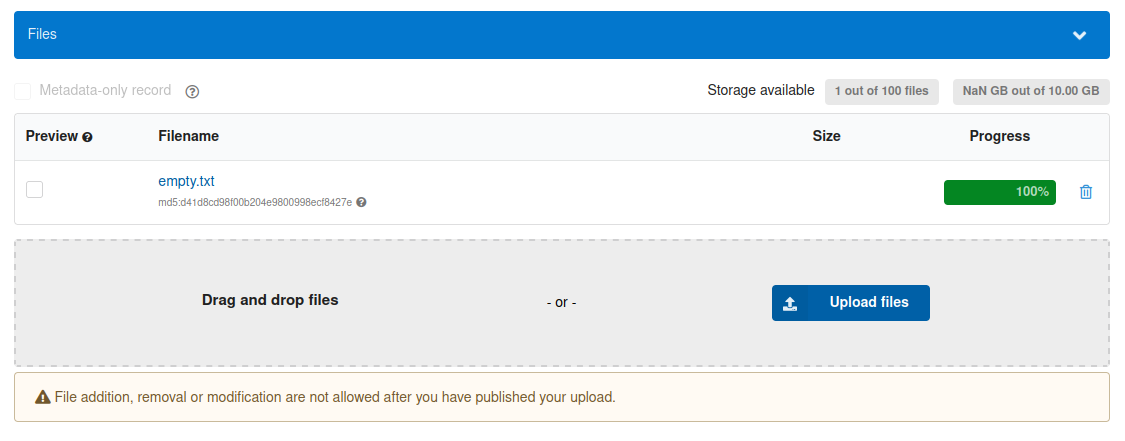 Uploading an empty file leads to errors in UI · Issue #2032 · inveniosoftware/invenio-app-rdm ...