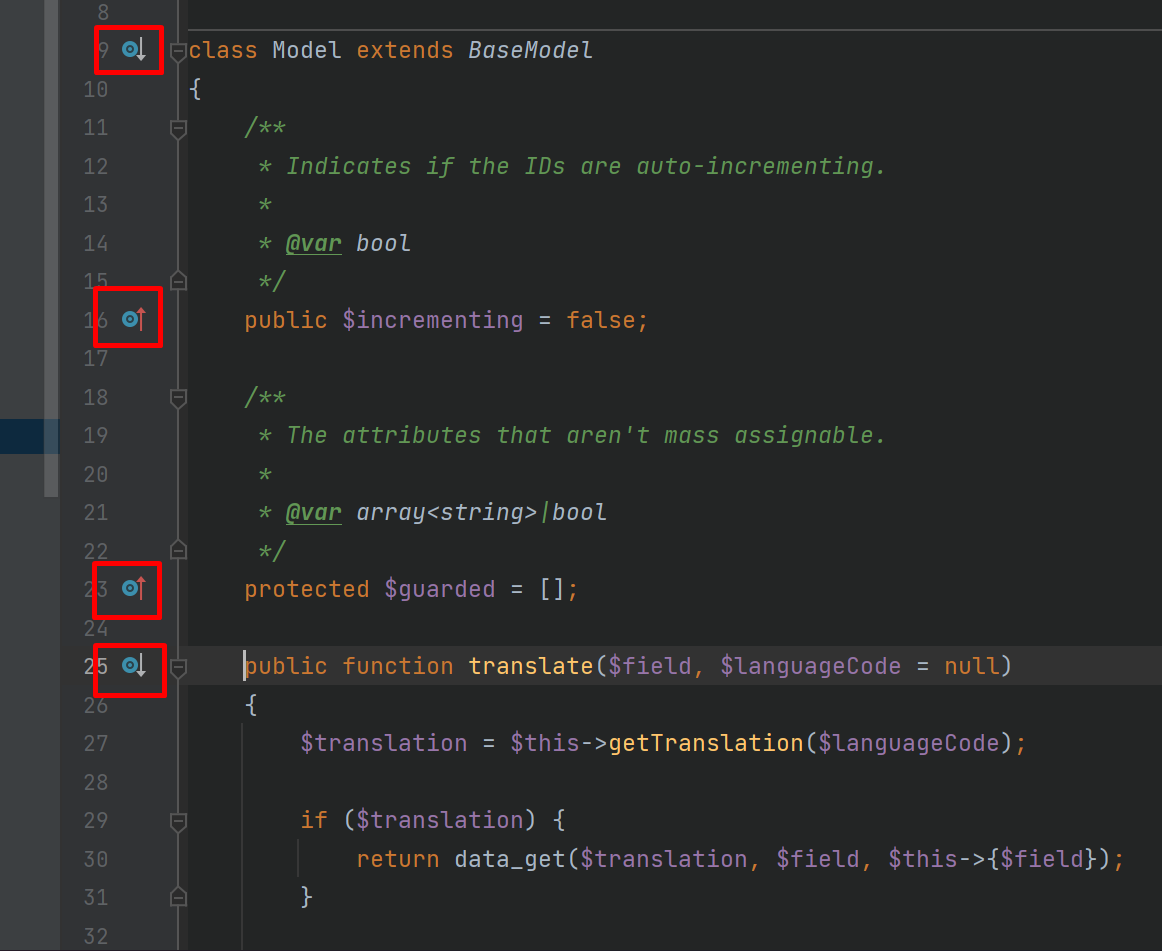 Feature: Similar to phpstorm, show an up/down arrow for properties & methods that are overridden ...