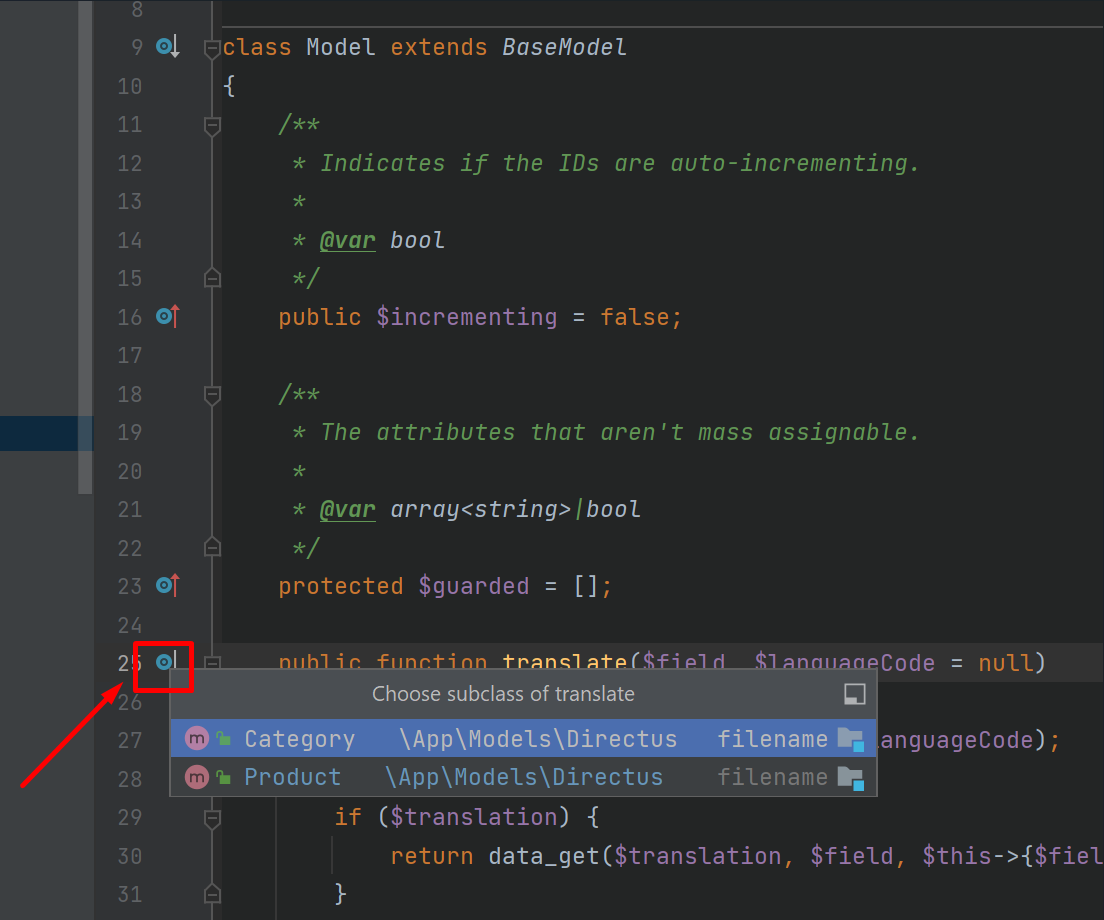 Feature: Similar to phpstorm, show an up/down arrow for properties & methods that are overridden ...