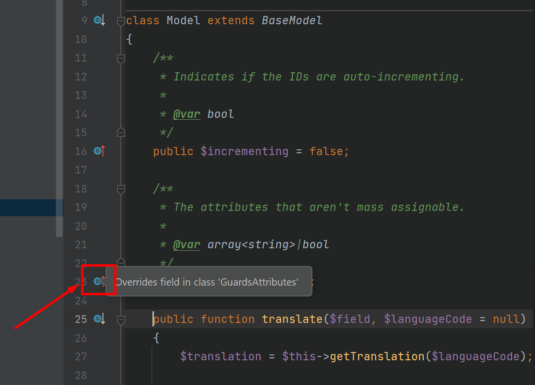 Feature: Similar to phpstorm, show an up/down arrow for properties & methods that are overridden ...