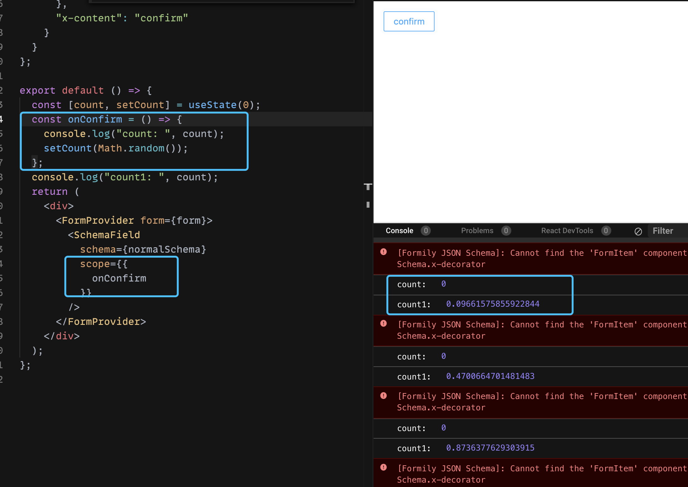 Formily2.0, JSON-Schema模式，SchemaField的scope里注册的回调函数变量，执行时获取不到setState之后的state · Issue #1289 ...