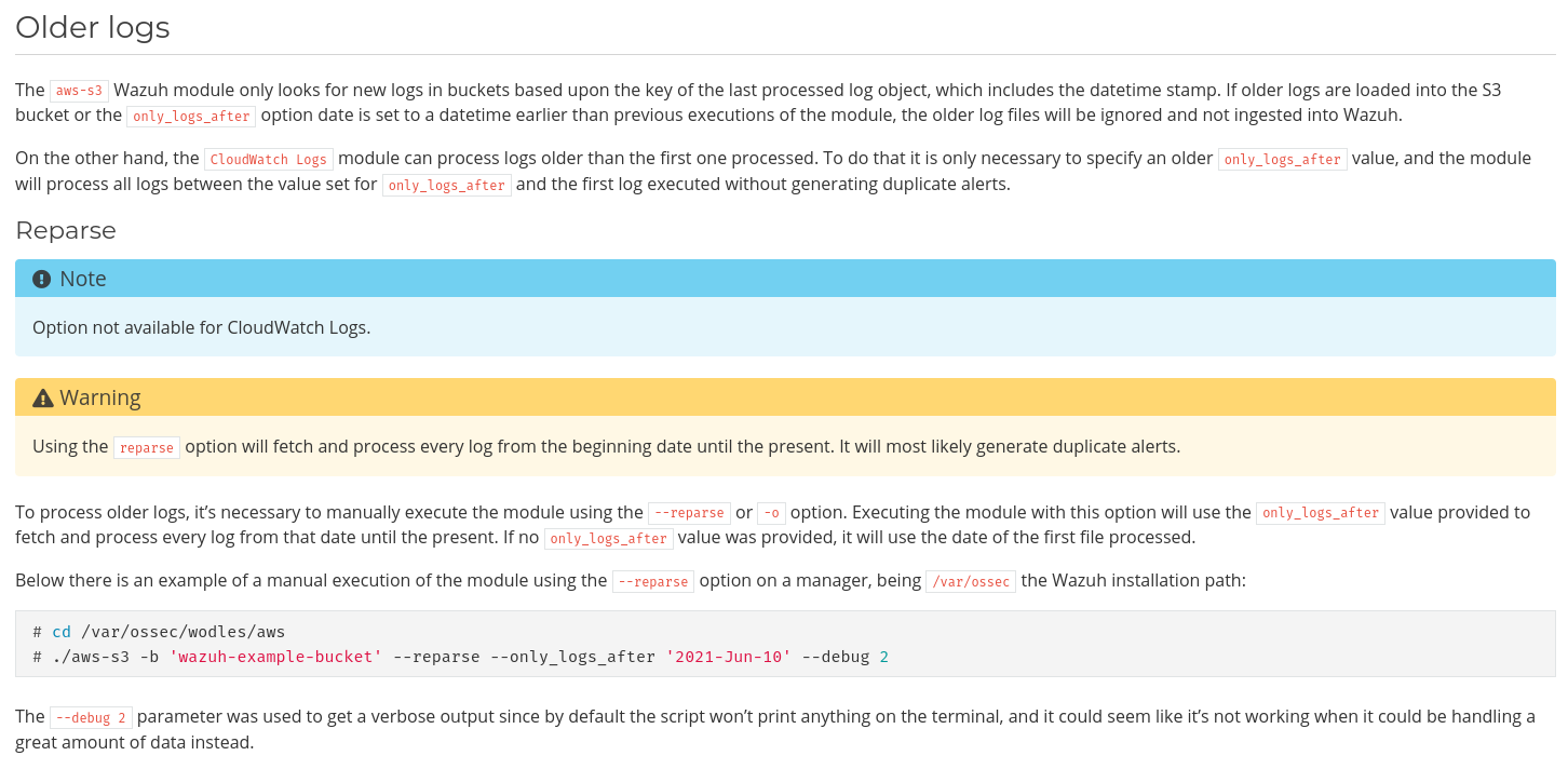 Add information about `only_logs_after` and `reparse` in AWS integration's documentation by ...