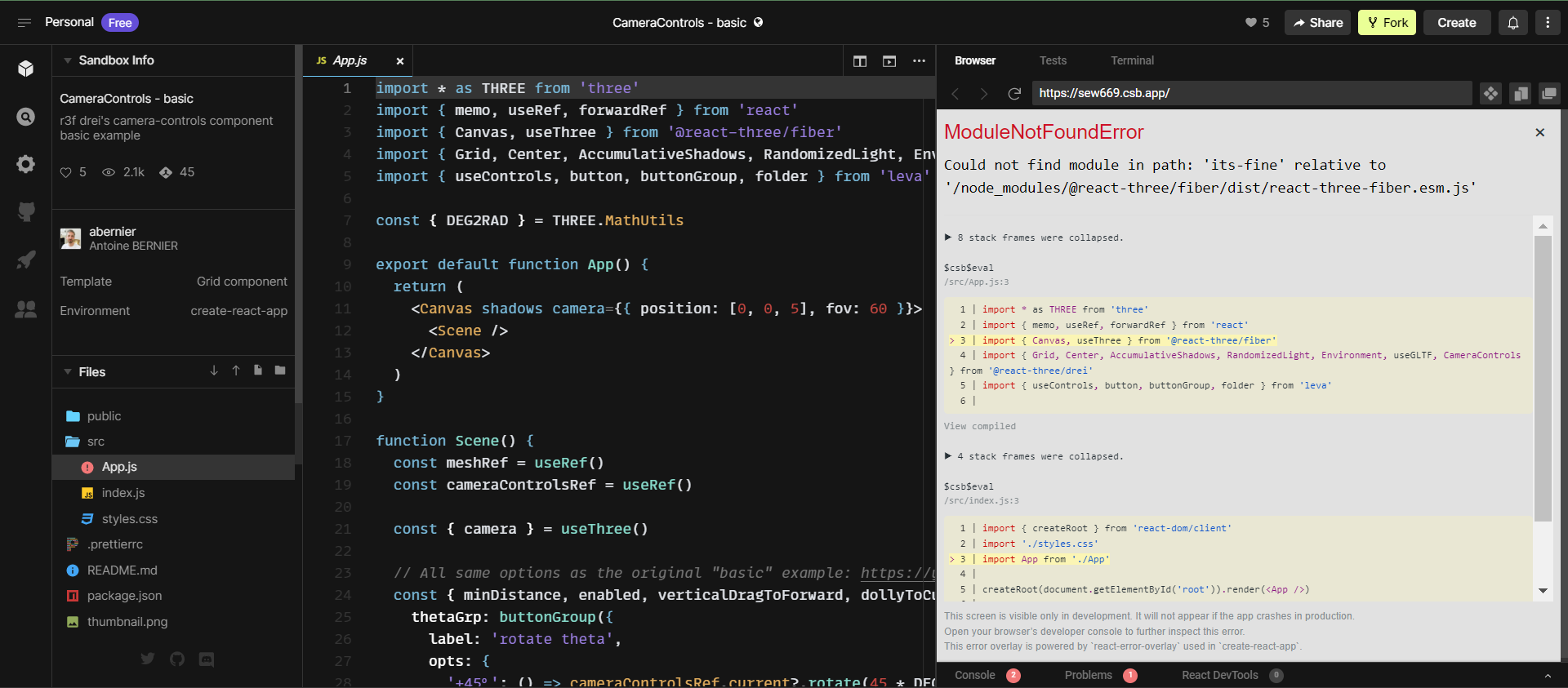 Codesandbox examples fail to run · Issue #1271 · pmndrs/drei · GitHub