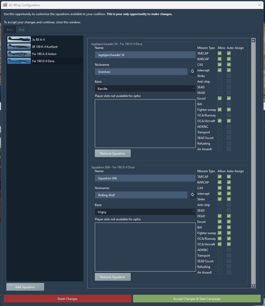 WW2 fighters with premade squadrons have a smaller default mission set than randomly generated ...