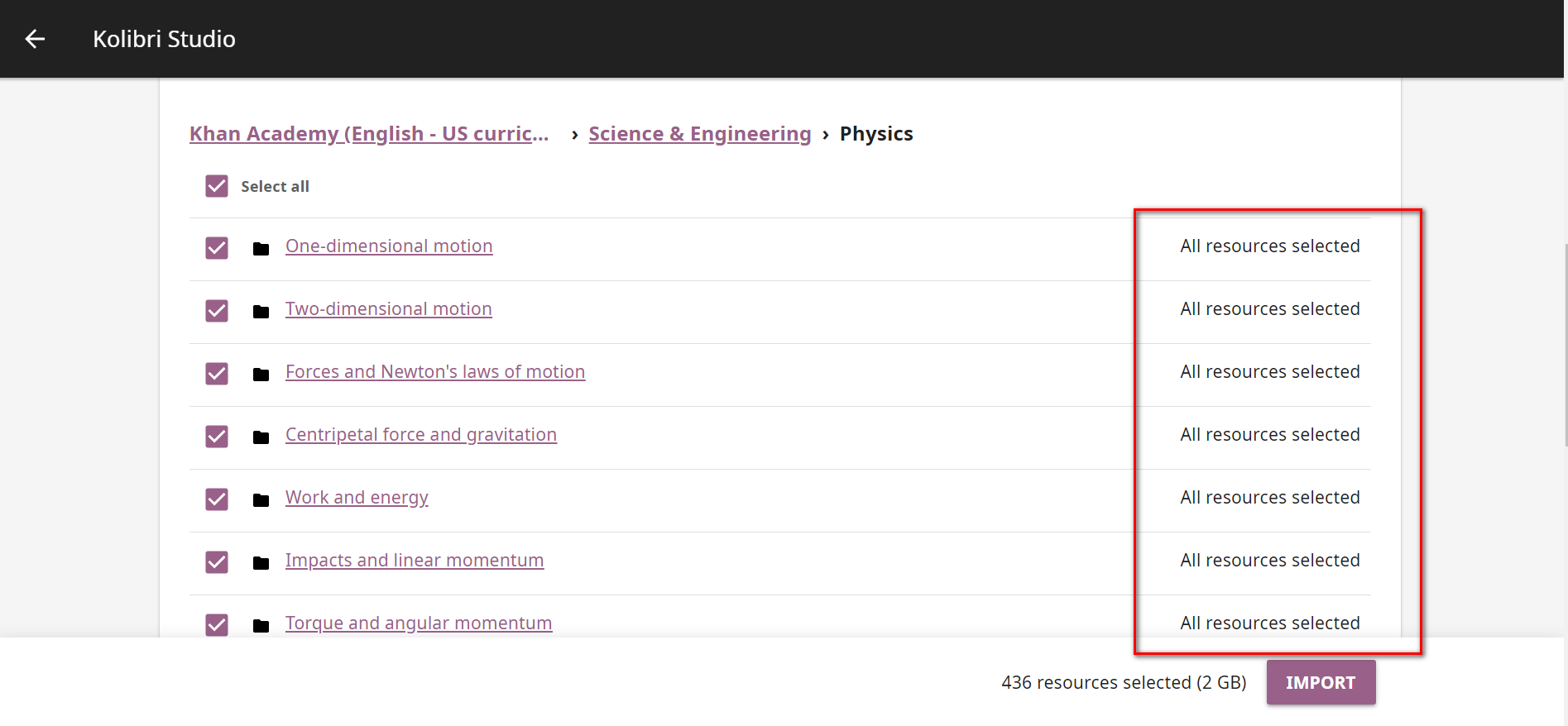 "N of resources selected" flag is missing, "All resources selected" text is visible instead ...