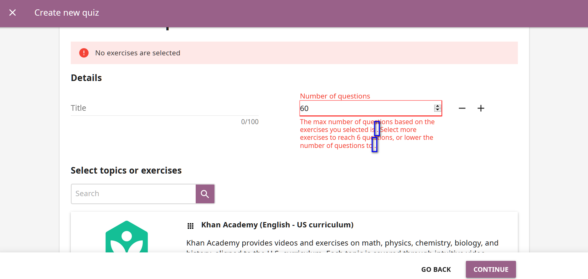 Create Quiz - Number of questions field error message discrepancies · Issue #7612 ...