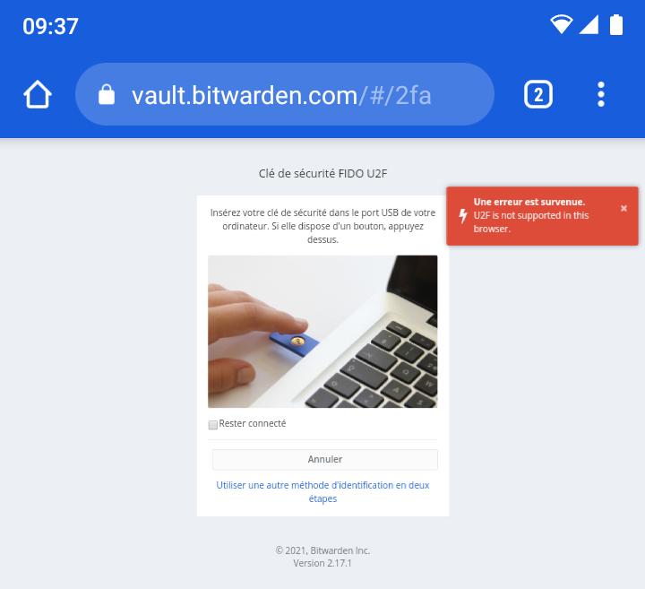 U2F does not work on Android Nokia 5.3 · Issue #762 · bitwarden/web · GitHub