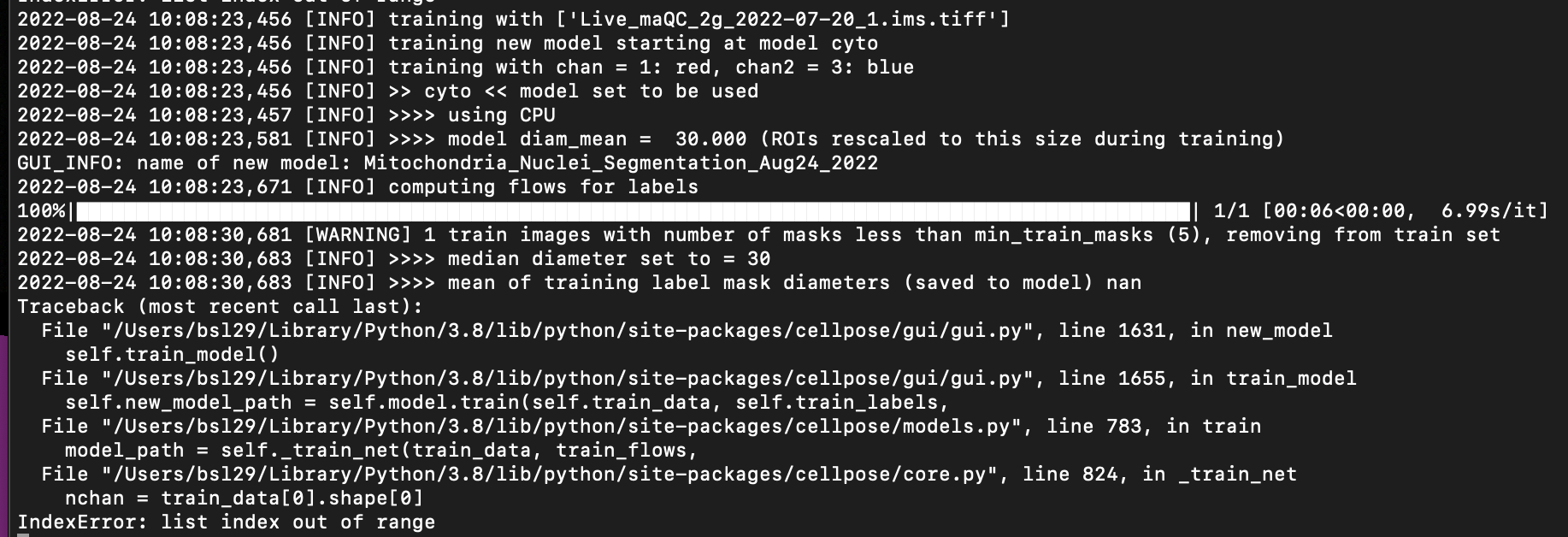 CellposeTraining: IndexError: list index out of range · Issue #546 · MouseLand/cellpose · GitHub