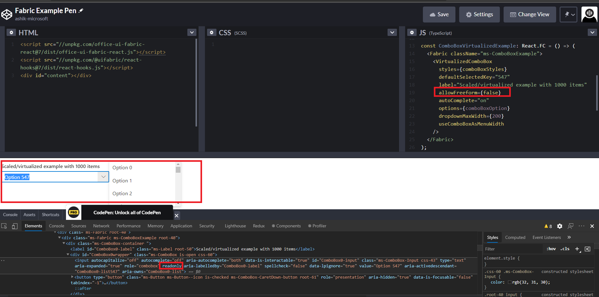 Combobox - allowfreeform is false and disabled is false the input element becomes readonly ...